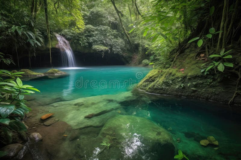 Majestic Waterfall Cascading into Crystal-clear River in Lush Jungle ...