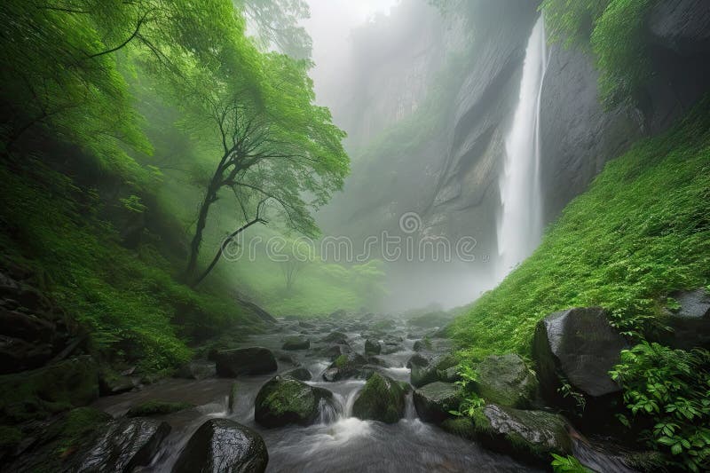 Majestic Waterfall Cascading into a Deep and Misty Ravine Stock Photo ...