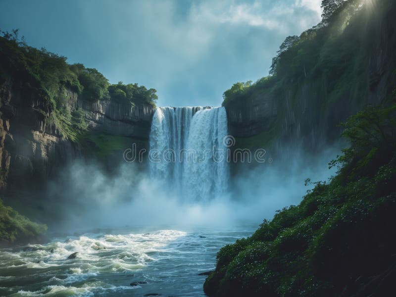 Majestic Waterfall Cascading Down Cliffs, Surrounded by Lush Greenery ...