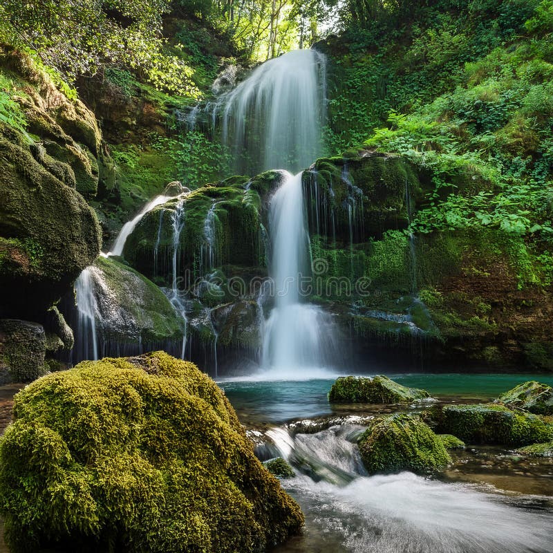 Majestic Waterfall Cascading Down Moss Covered Rocks. AI Content ...
