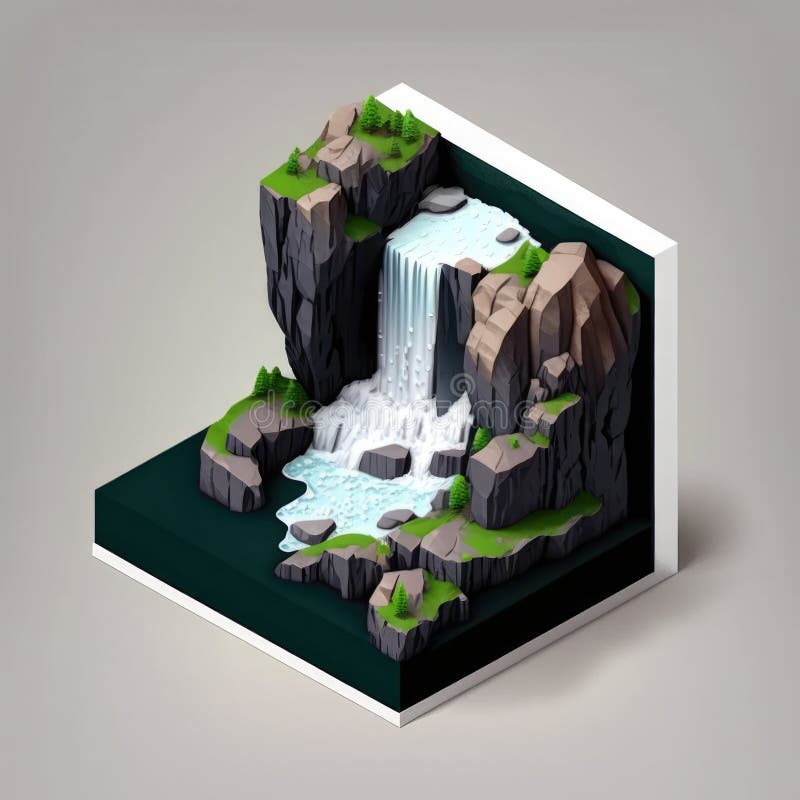 Majestic Waterfall Cascading Down a Rocky Cliff, Isometric Low Poly ...