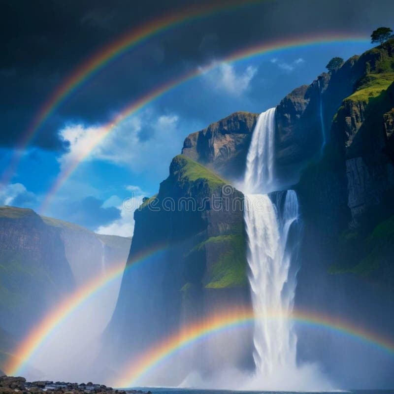 Majestic Waterfall Cascading Down Rocky Cliffs with a Vibrant Rainbow Arching Across the Scene ...