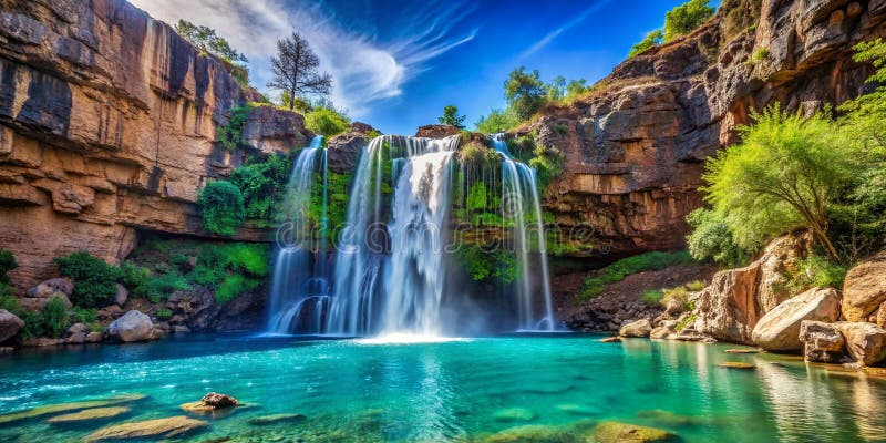 A Majestic Waterfall Cascading Down Rugged Cliffs into a Crystal Clear ...