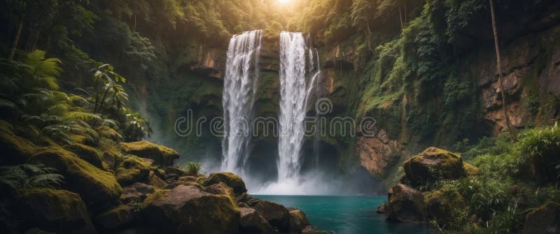 Majestic Waterfall Cascading Down Rugged Cliffs in Lush Tropical Jungle ...