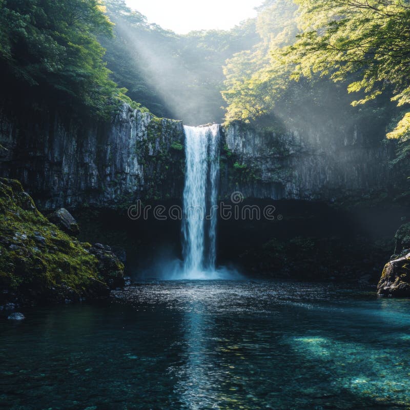 Majestic Waterfall Cascading Lush Forest Sunlit Mist Pristine Pool ...