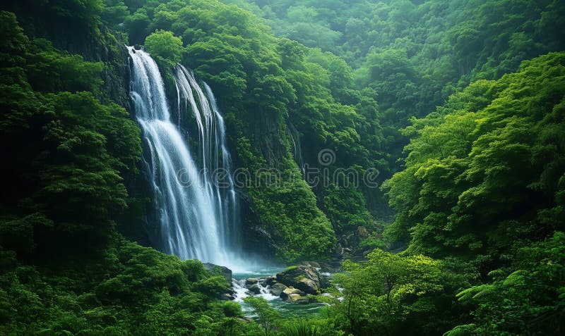 Majestic Waterfall Cascading through Lush Green Forest Landscape Stock ...