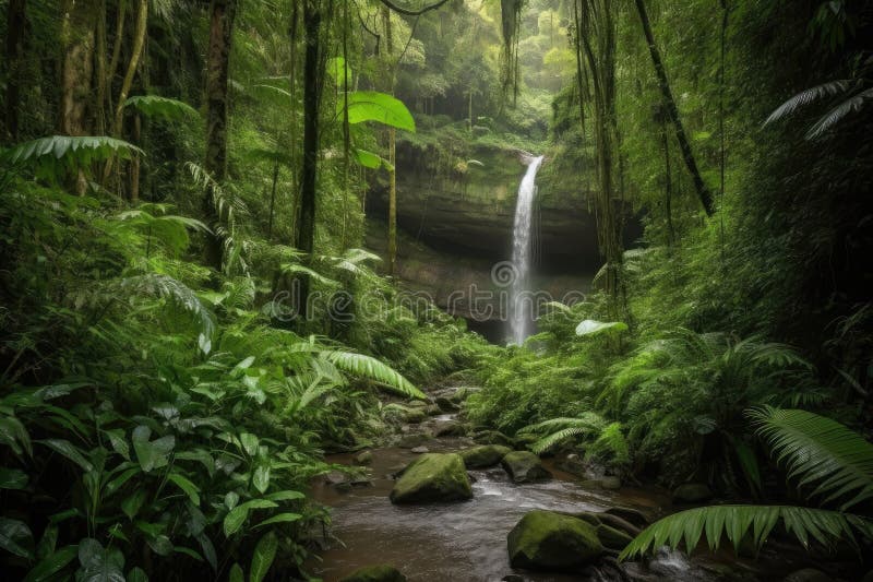 Majestic Waterfall Cascading into Lush Jungle Valley Stock Image ...