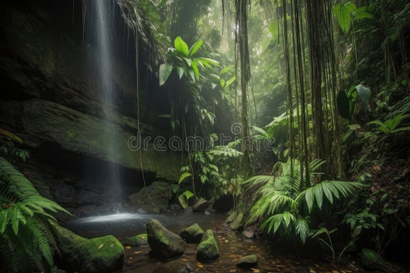 Majestic Waterfall Cascading through Lush Tropical Jungle Stock Image ...