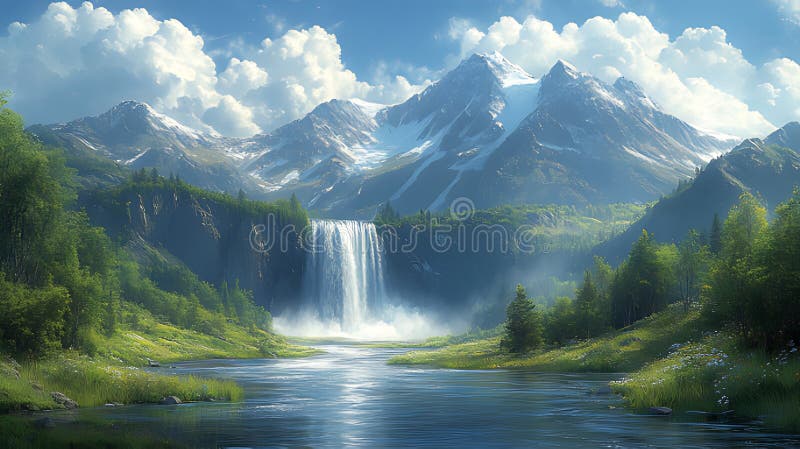 Majestic Waterfall Cascading into Mountain Valley River Stock ...