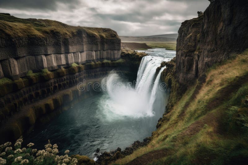 Majestic Waterfall Cascading Over Cliff and into Pool of Water Stock ...