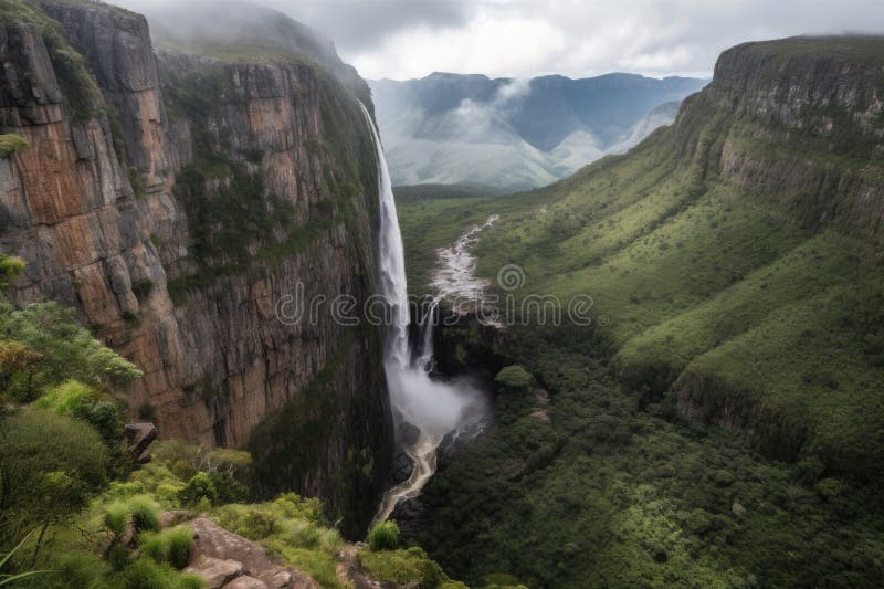 Majestic Waterfall Cascading Over Cliff, with View of the Valley Below ...