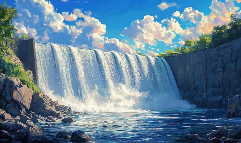 Majestic Waterfall Cascading Over Dam with Vibrant Blue Sky and Fluffy ...