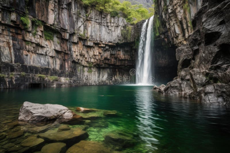 Majestic Waterfall Cascading Over Jagged Rocks into Crystal-clear River ...