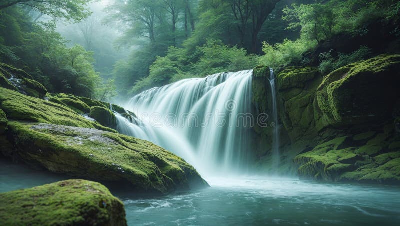 Majestic Waterfall Cascading Over Lush Green Rocks Stock Image - Image ...
