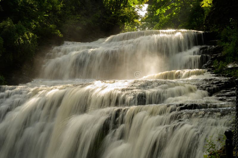 Majestic Waterfall Cascading Over Rocky Ledges Surrounded by Lush ...