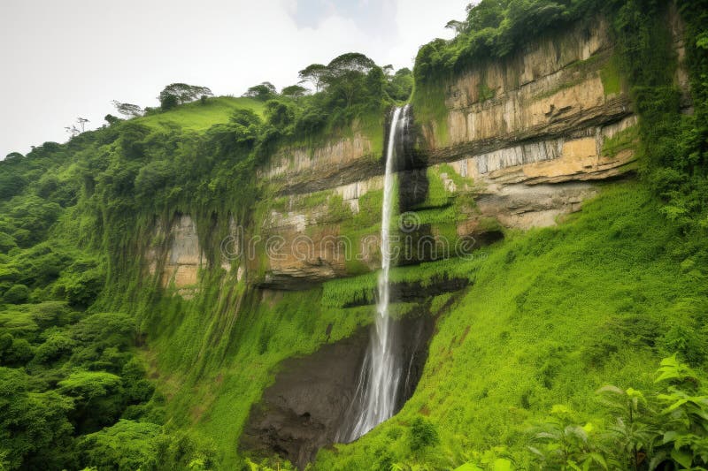 Majestic Waterfall Cascading Over Towering Cliff, Surrounded by Lush ...