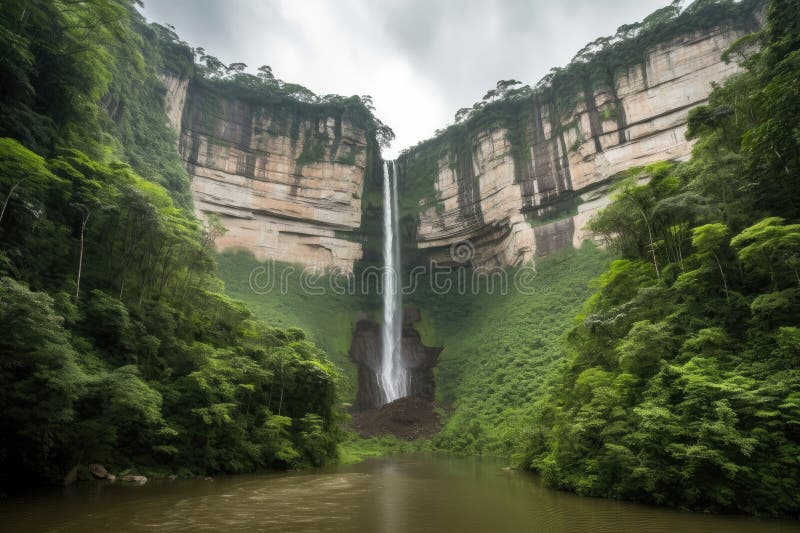 Majestic Waterfall Cascading Over Towering Cliffs into Lush Jungle ...