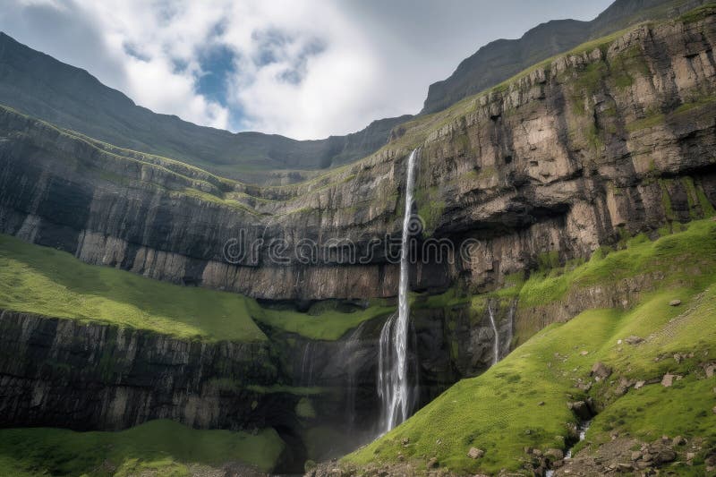 Majestic Waterfall Cascading Over Towering Cliffs Surrounded by Rugged ...