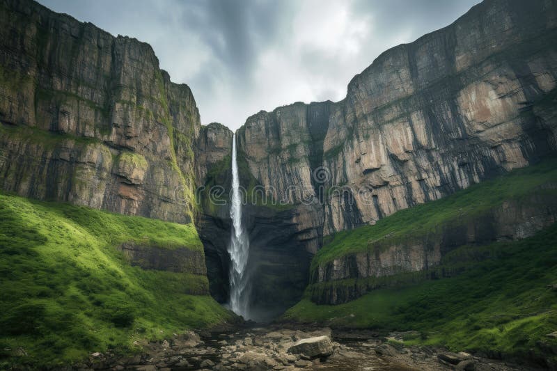 Majestic Waterfall Cascading Over Towering Cliffs Surrounded by Rugged ...