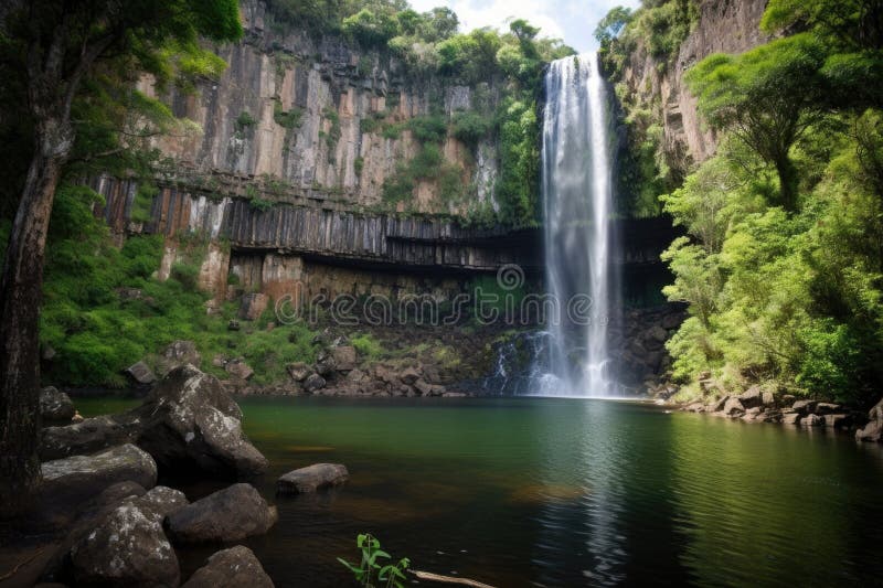 Majestic Waterfall Cascading Over Towering Cliffs into Tranquil Pool ...
