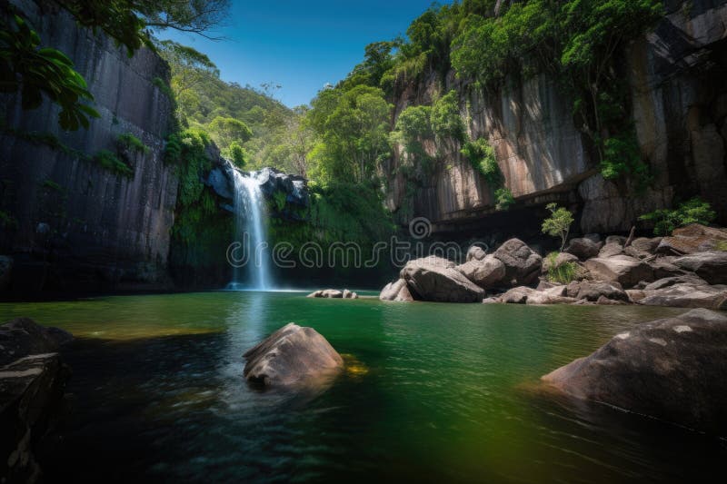 Majestic Waterfall Cascading Over Towering Cliffs into Tranquil Pool ...