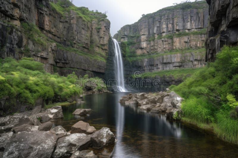 Majestic Waterfall Cascading Over Towering Cliffs into Tranquil Pool ...