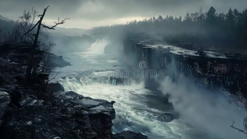 Majestic Waterfall Cascading through Rocky Cliffs in a Misty, Overcast ...