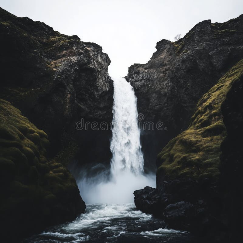 Majestic Waterfall Cascading between Rugged Cliffs Surrounded by Lush ...