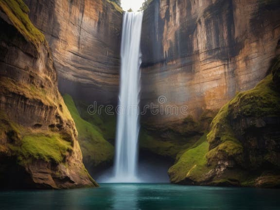 Majestic Waterfall Cascading between Two Tall Cliff Faces. Stock Photo ...