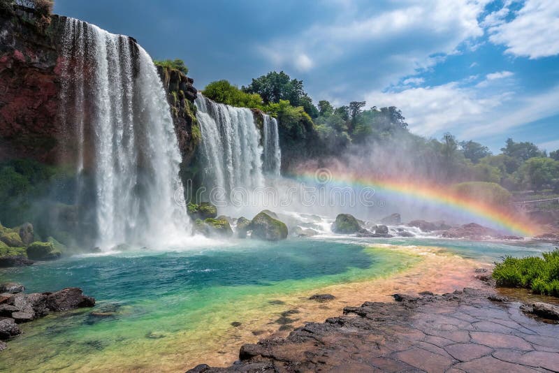 Majestic Waterfall Cascading into a Vibrant Pool, Adorned with a ...