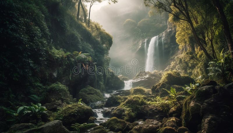 Majestic Waterfall Drops in Tranquil Tropical Ravine Generated by AI ...