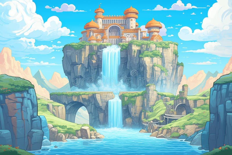 Majestic Waterfall Flowing Behind a Stone Castle Stock Image - Image of ...