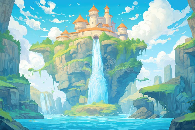 Majestic Waterfall Flowing Behind a Stone Castle Stock Photo - Image of ...