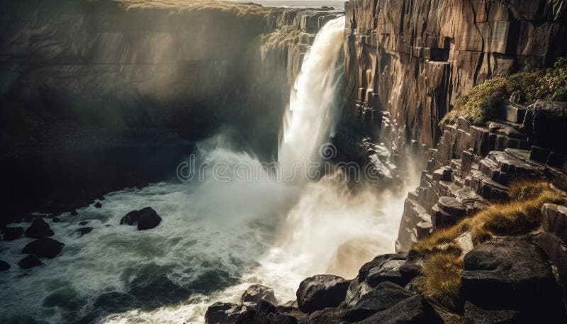 The Majestic Waterfall Flows through the Rocky Ravine, Awe Inspiring ...