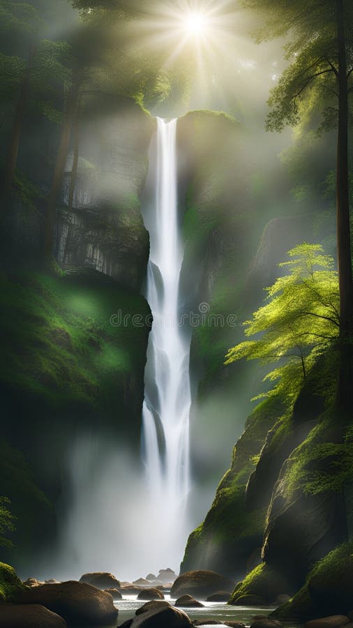 Majestic Waterfall in a Green Forest with Mist and Sunlight ...
