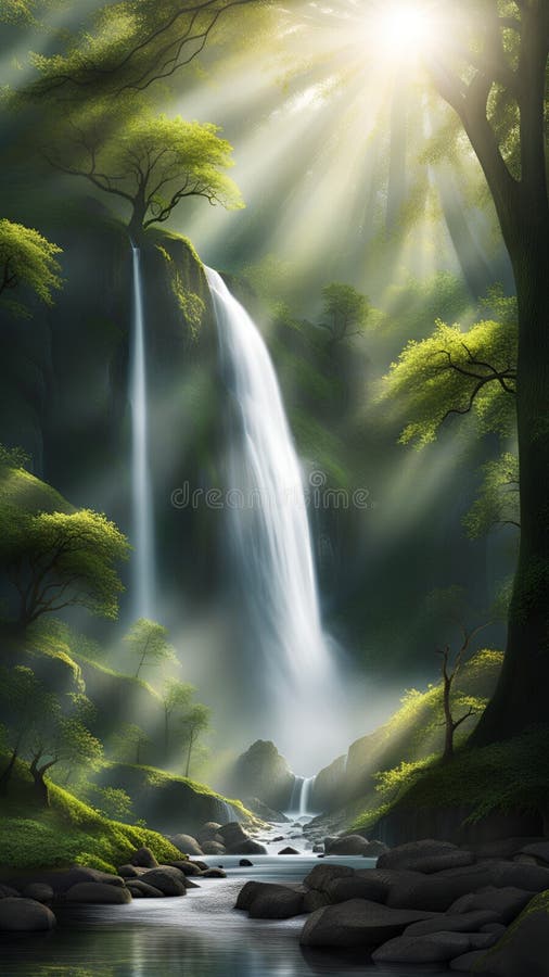 Majestic Waterfall in a Green Forest with Mist and Sunlight ...