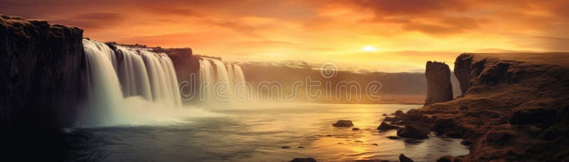 Majestic Waterfall with a Hazy Sunset Backdrop Banner Background ...