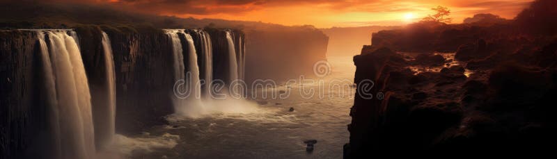 Majestic Waterfall with a Hazy Sunset Backdrop Banner Background ...