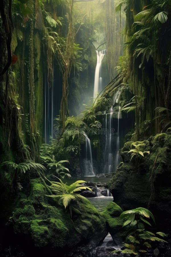 Majestic Waterfall Cascading Down Lush Jungle Mountainside Stock ...