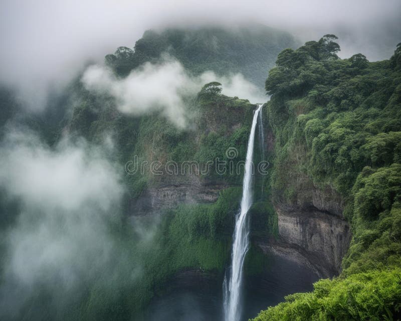 Majestic Waterfall in Mist stock illustration. Illustration of water ...