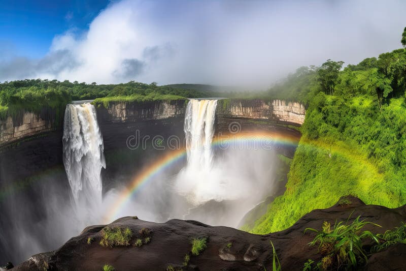 Majestic Waterfall, with Mist and Rainbows Visible, in Exotic ...