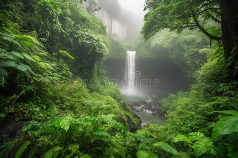 Majestic Waterfall, with Mist Rising from the Falls, Surrounded by Lush ...