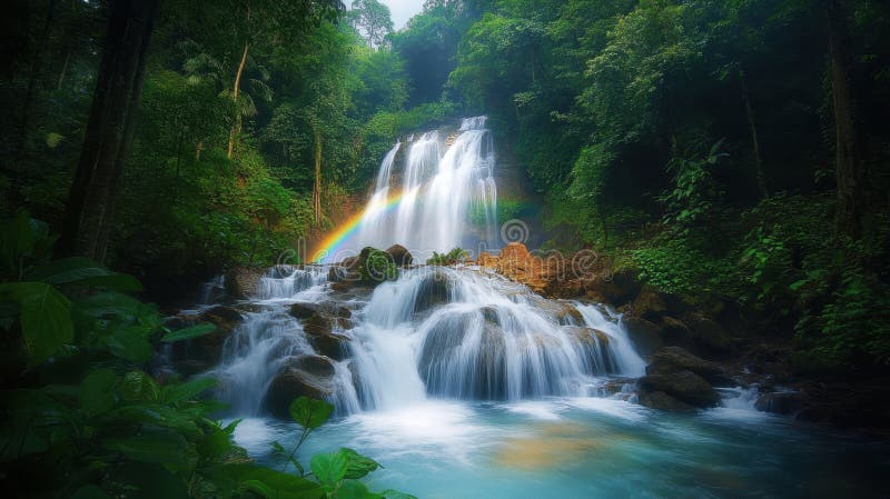 Majestic Waterfall Oasis with Rainbow in Lush Forest Stock Photo ...