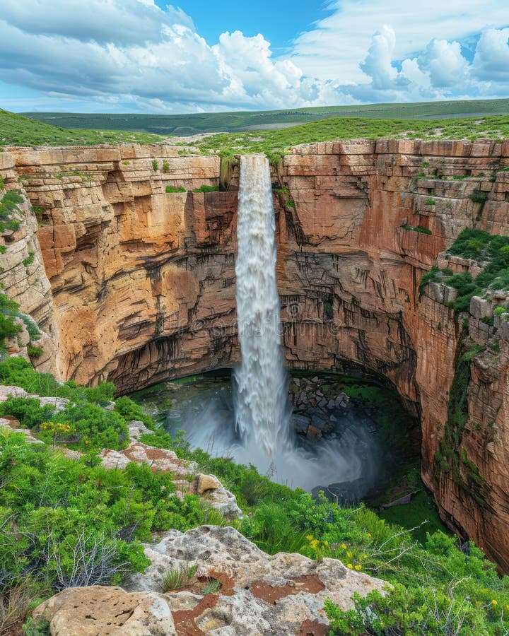 Breathtaking View of a Majestic Waterfall Cascading into a Serene Basin ...