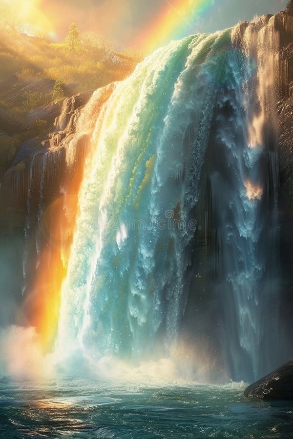 Majestic Waterfall, Rainbow Arcing through Spray, Side Angle, Dynamic ...