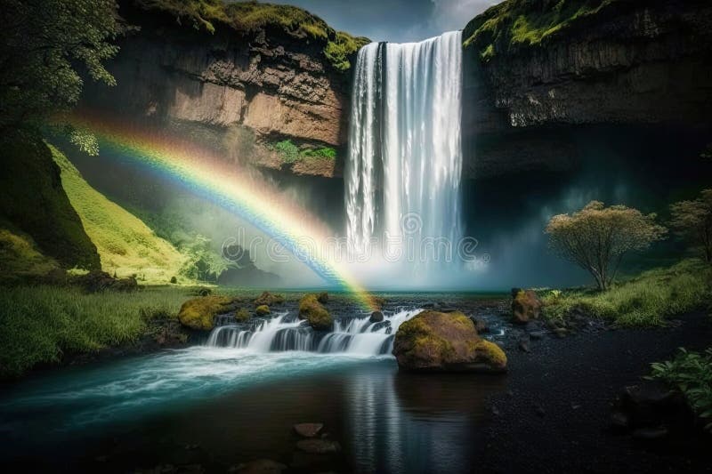 Majestic Waterfall, with Rainbow and Clear Stream of Water, Surrounded ...