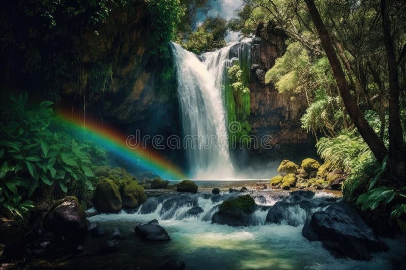 Majestic Waterfall, with Rainbow and Clear Stream of Water, Surrounded ...