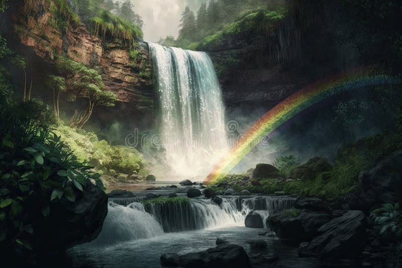 Majestic Waterfall, with Rainbow and Clear Stream of Water, Surrounded ...