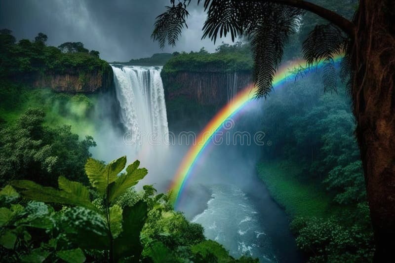 Majestic Waterfall with a Rainbow in Front, Surrounded by Lush Greenery ...