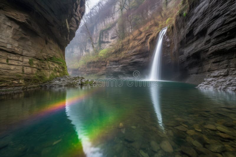 Majestic Waterfall with Rainbow Reflection in a Deep Gorge Stock ...